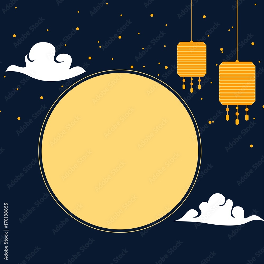 Mid autumn festival themed night time banner with moon and lanterns ...