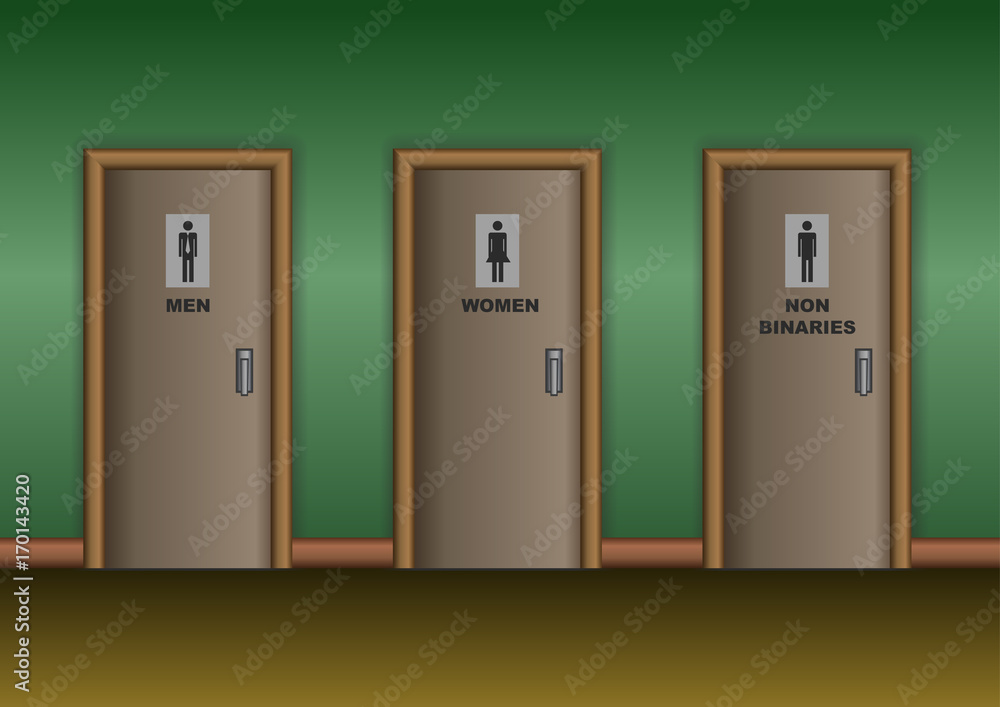 Three doors of public restrooms: For men, women and non binary people ...