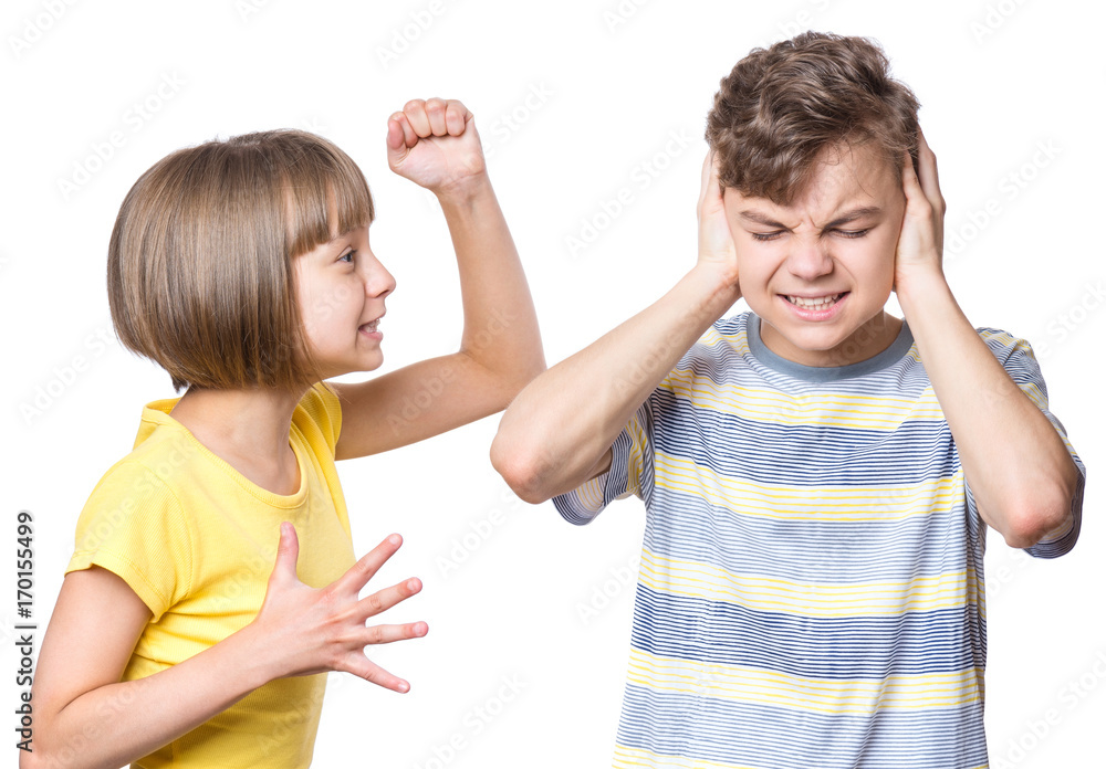 Emotional portrait of brother and sister, quarreling children - girl ...