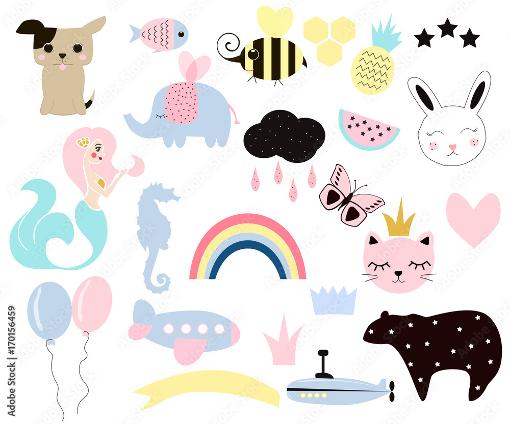 Set of cute kids elements for your design. Vector collection hand drawn ...