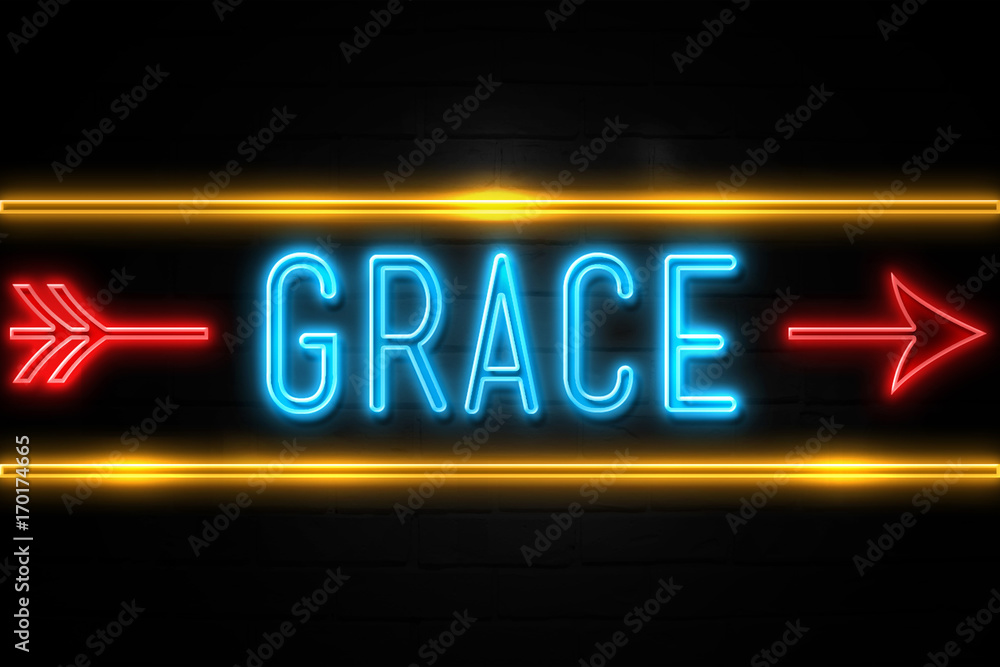Grace - fluorescent Neon Sign on brickwall Front view Stock ...