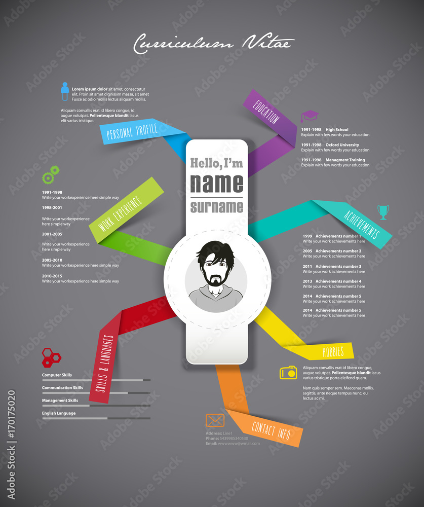 Creative cv template with folded paper stripes on dark background ...