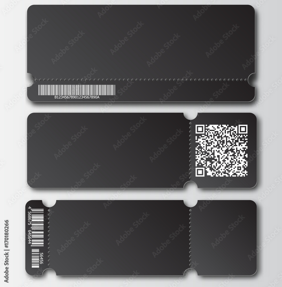 Black ticket template with tear-off element, barcode and QR code ...