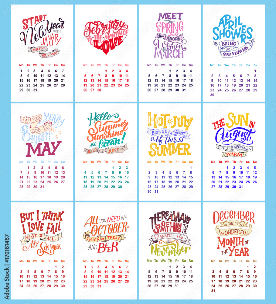 Vector calendar for months 2 0 1 8. Hand drawn lettering quotes for ...
