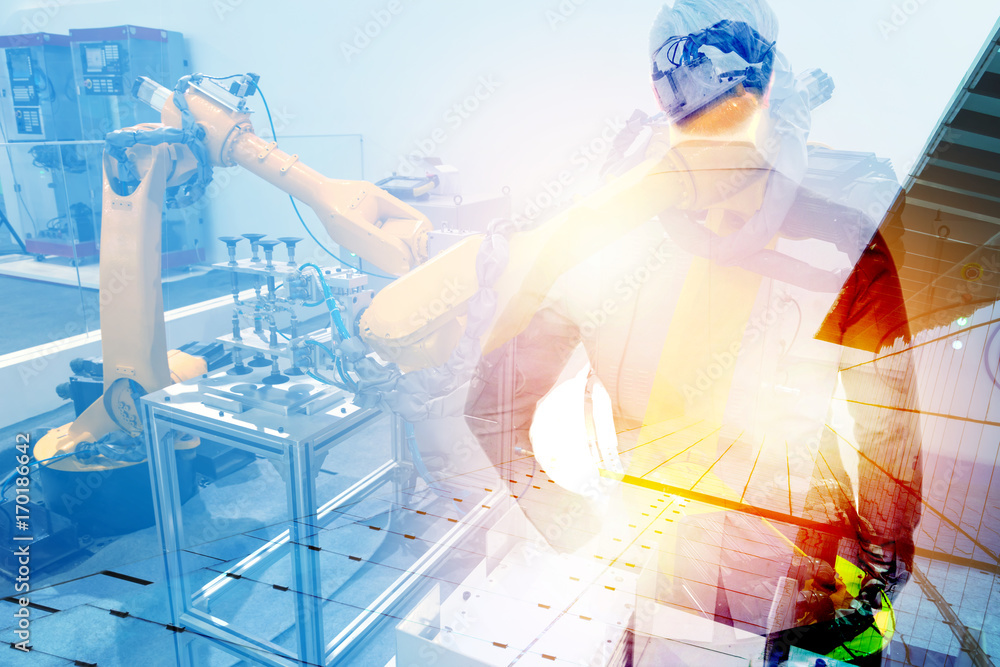 Double exposure of Manufacturing production industrial machine ...