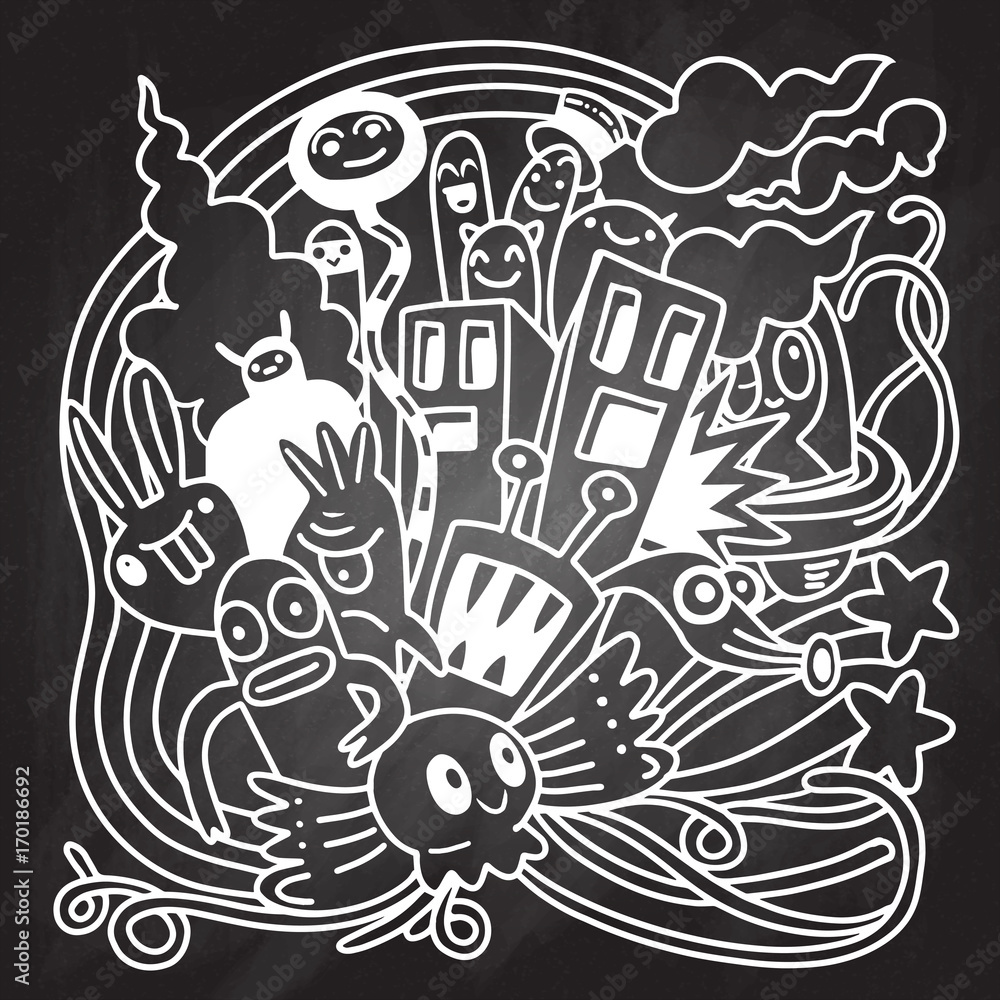 Doodle vector monster party set. Halloween characters. Cute animals ...