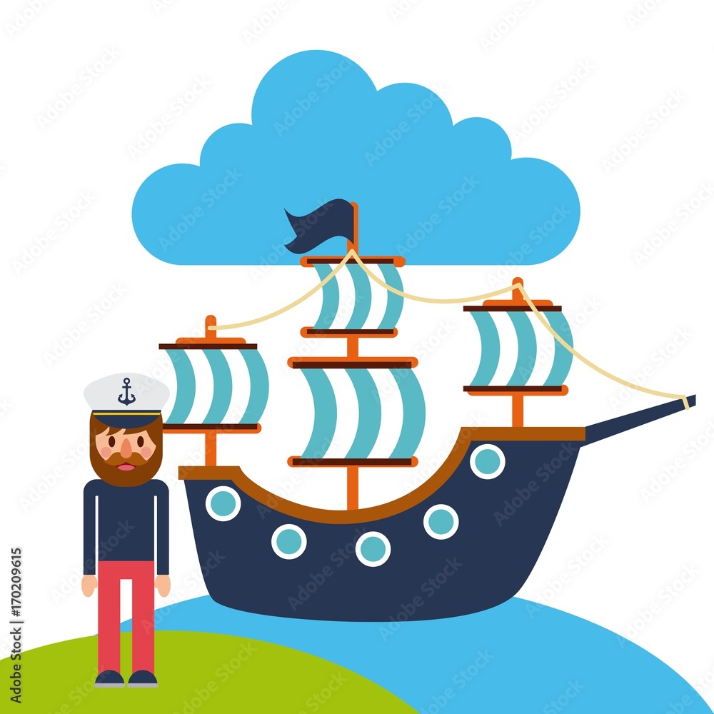 cartoon captain sailor in uniform with the ship vector illustration ...