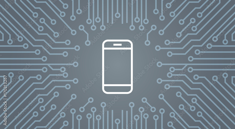 Cell Smart Phone Icon Over Computer Chip Moterboard Background Banner ...