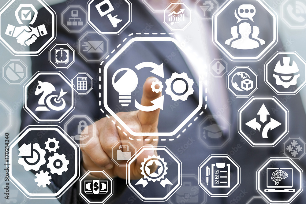 Business Execution Implementation Process concept. Man presses light ...