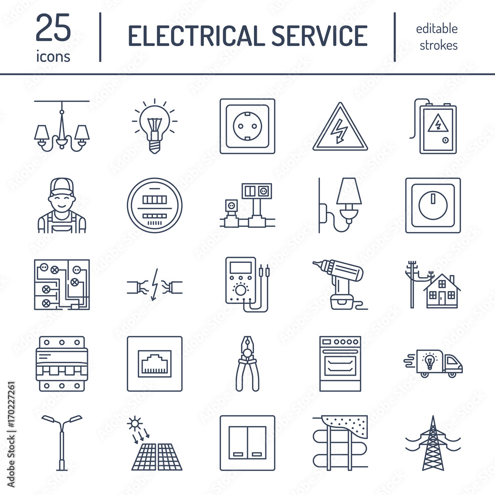 Electricity engineering vector flat line icons. Electrical equipment ...