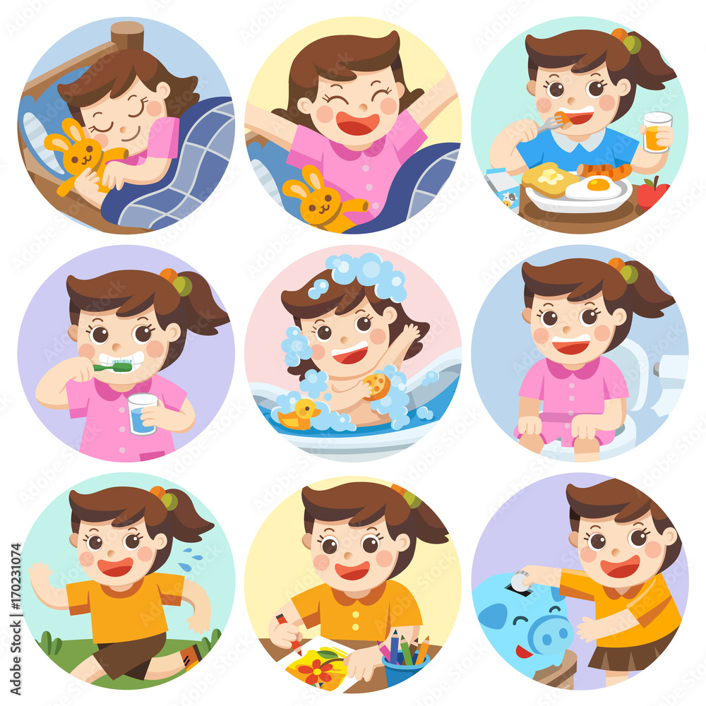 The daily routine of a cute girl on a white background. [sleep, brush ...