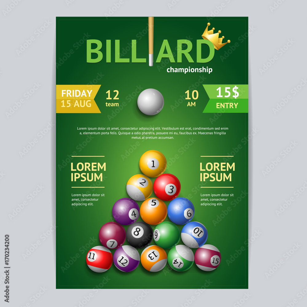 Billiard Tournament Poster Card Template. Vector Stock Vector | Adobe Stock