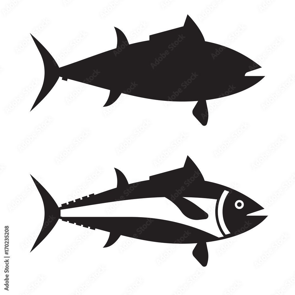 Silhouette of tuna ocean fish vector icon in outline design. Big tunny ...