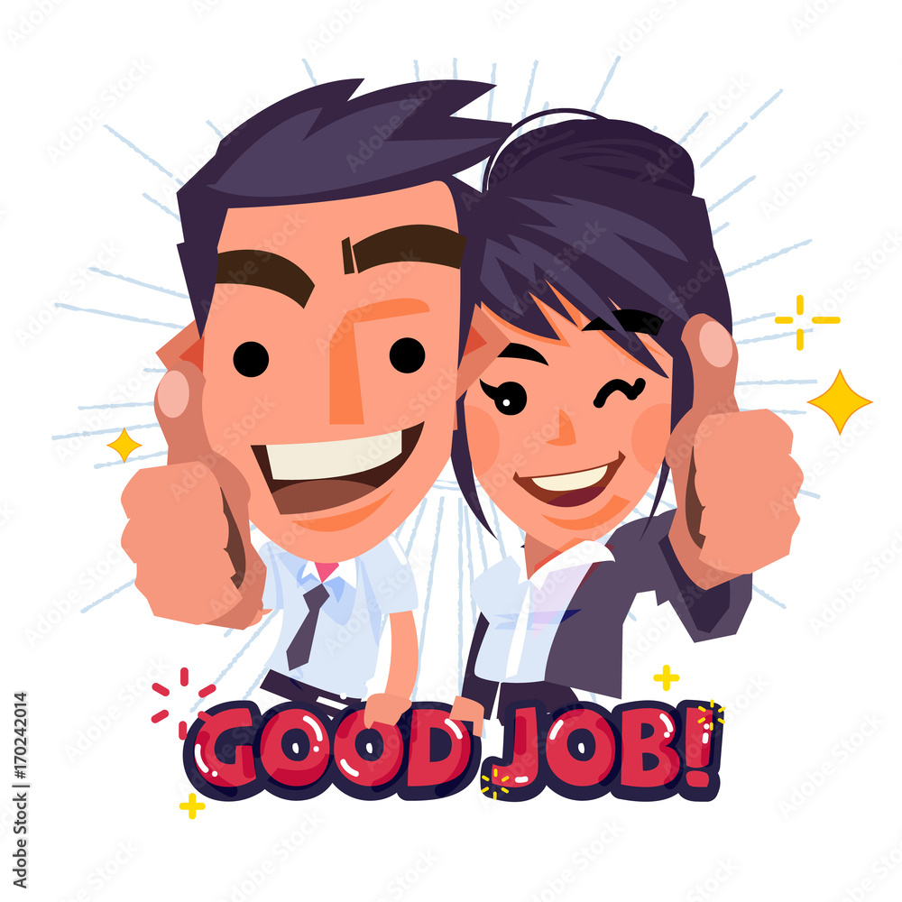 Office couple character showing thumbs up with "Good job text" - vector ...