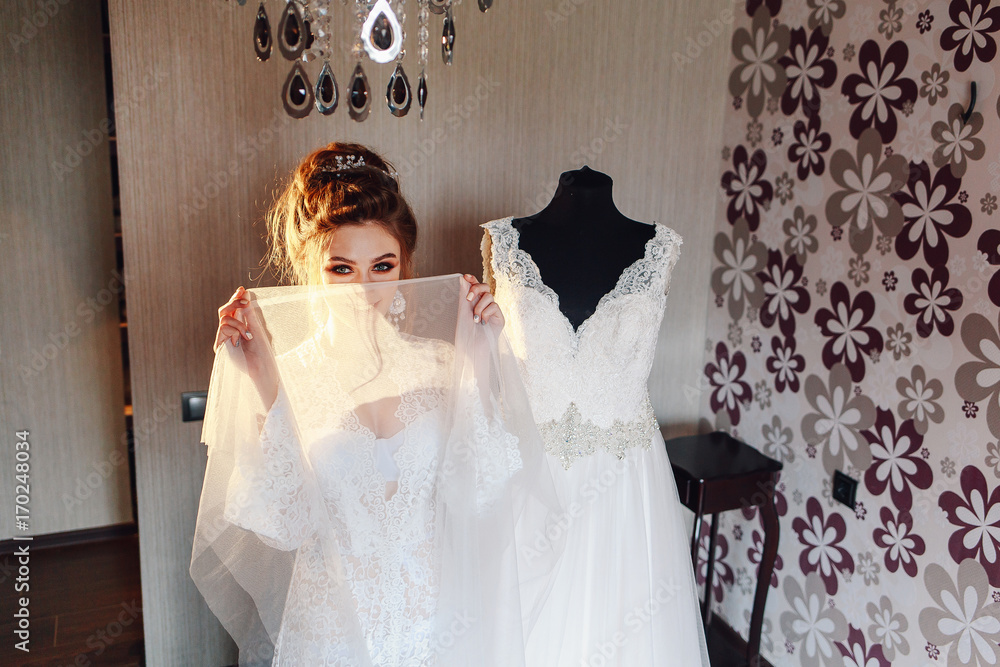 A young slim bride in a boudoir watches her wedding dress in the ...