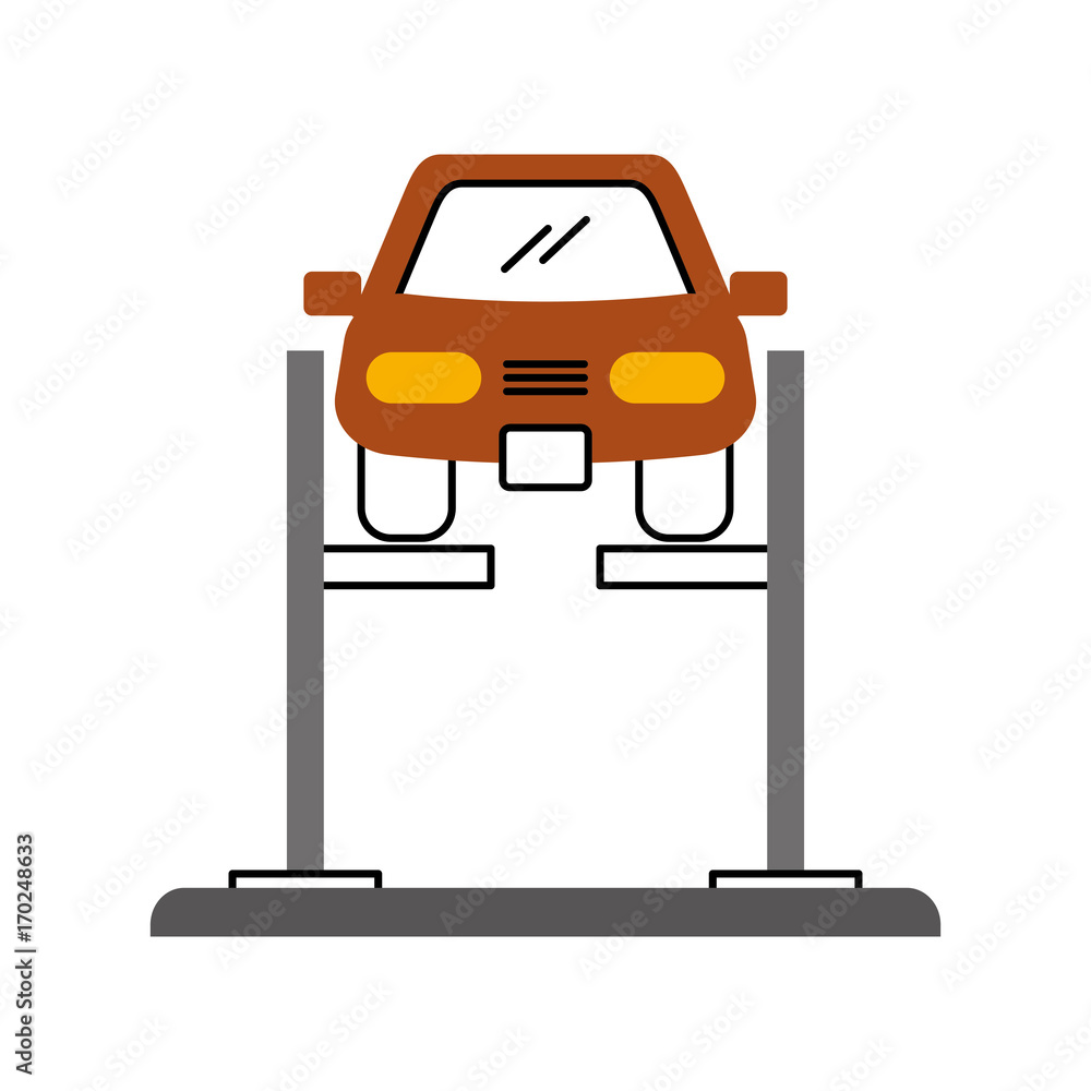 cartoon car with alignment device at wheel alignment service station ...
