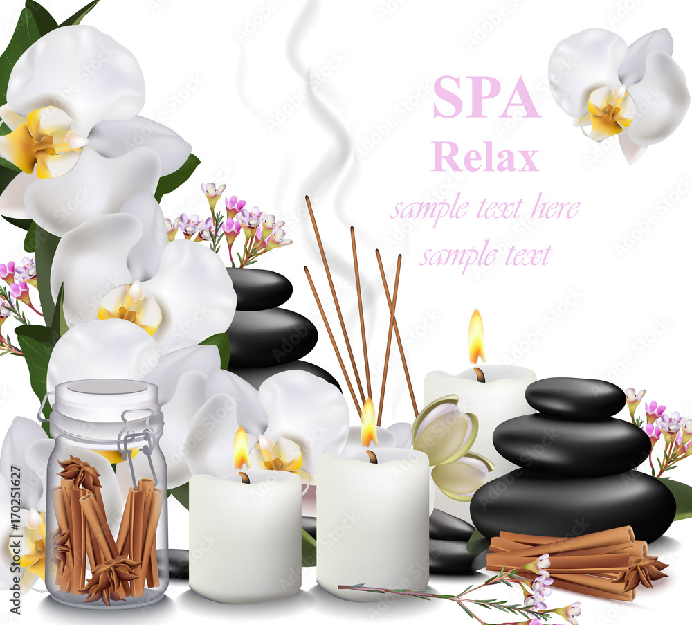 Spa relax card candles, orchid, aromas and stones Vector illustrations ...