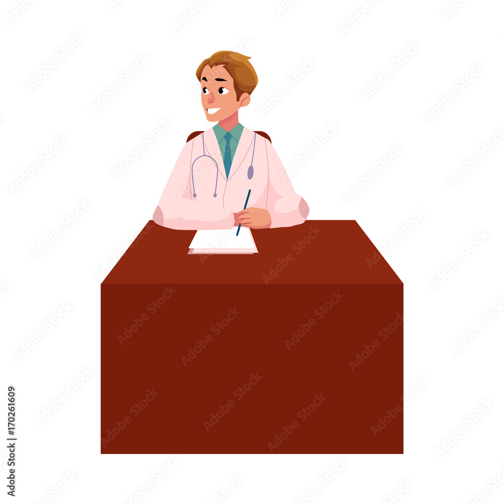 Young man doctor, therapist sitting at his desk with medical, patient ...