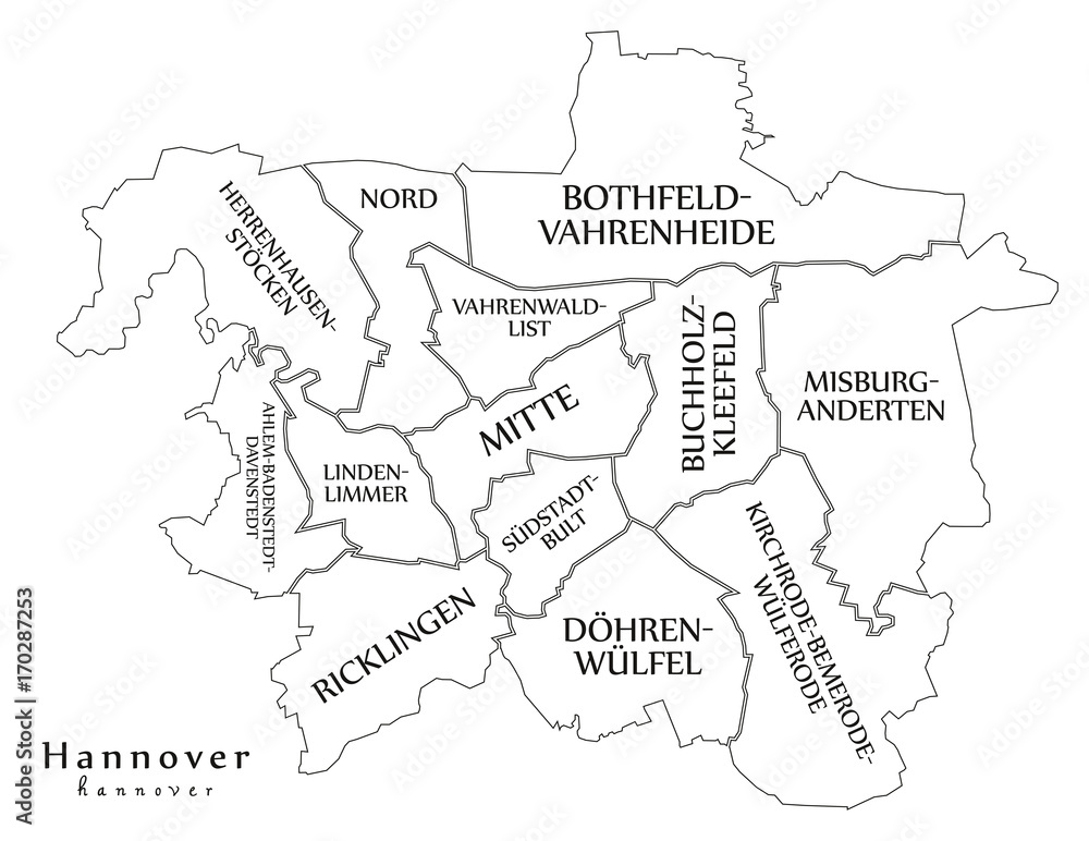 Modern City Map - Hannover city of Germany with boroughs and titles DE outline map Stock Vector ...