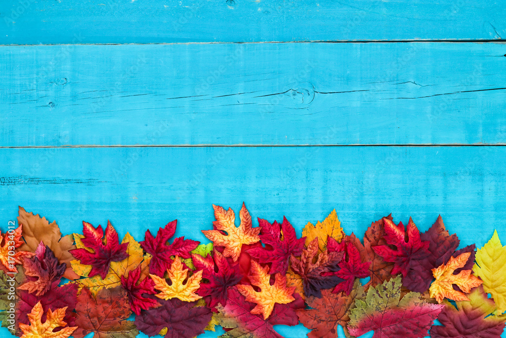 Blank blue sign with colorful fall leaves border Stock Photo | Adobe Stock
