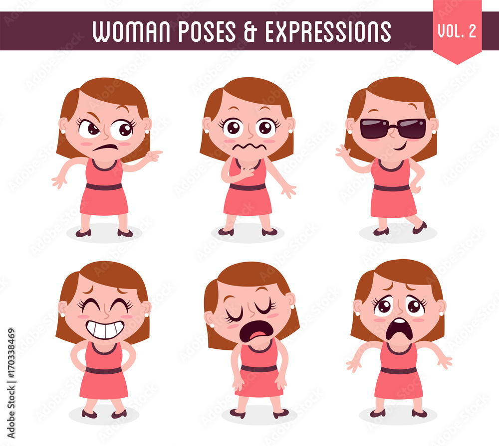 Cartoon character of a woman in different poses. Isolated on white background. Body gestures and ...