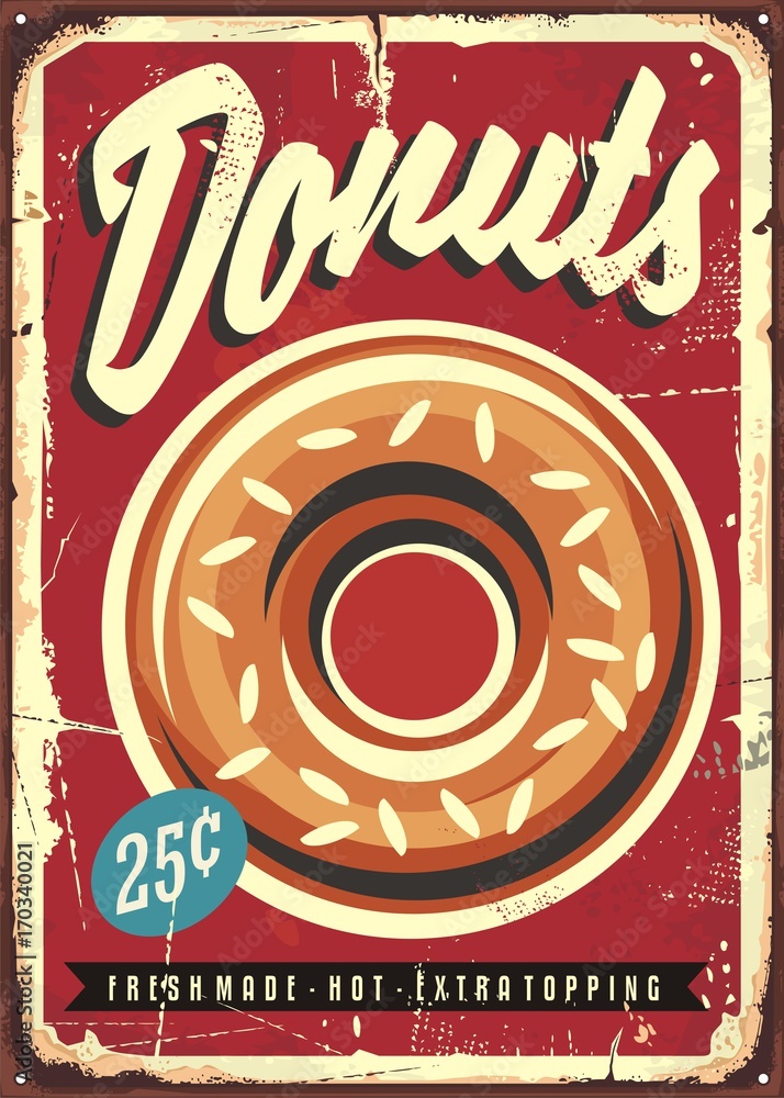 Donuts retro promotional sign. Food sign board with fresh delicious ...