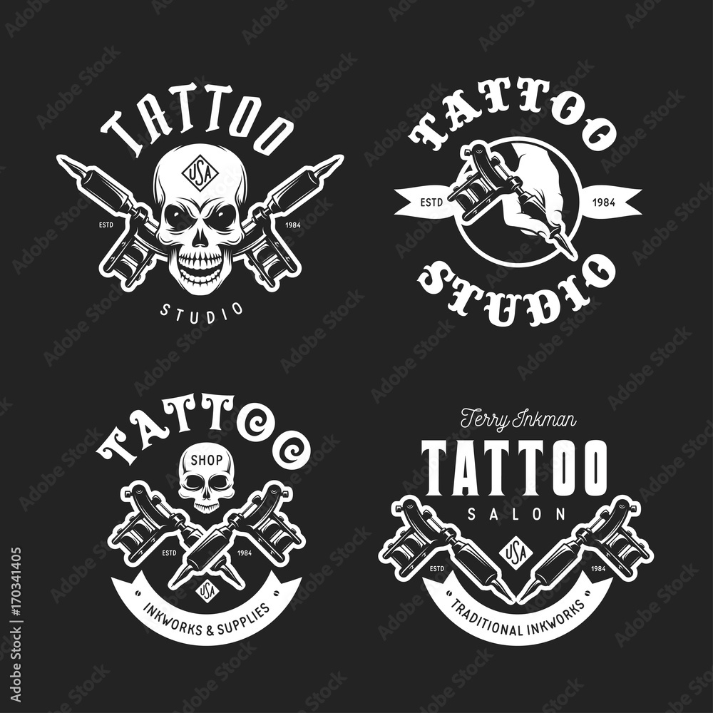 Tattoo studio emblems set. Vector vintage illustration. Stock Vector ...