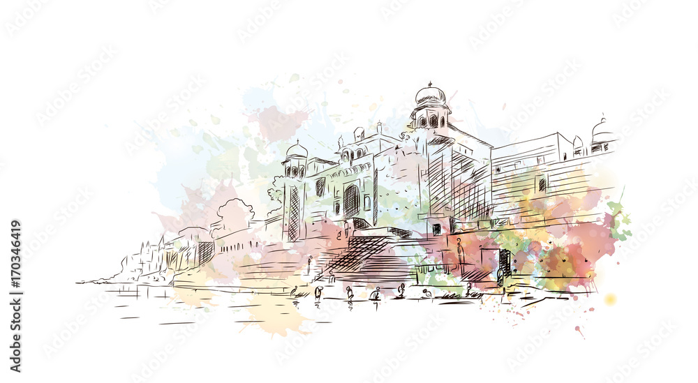 Watercolor sketch of Ganga Ghat Varanasi India in vector illustration ...