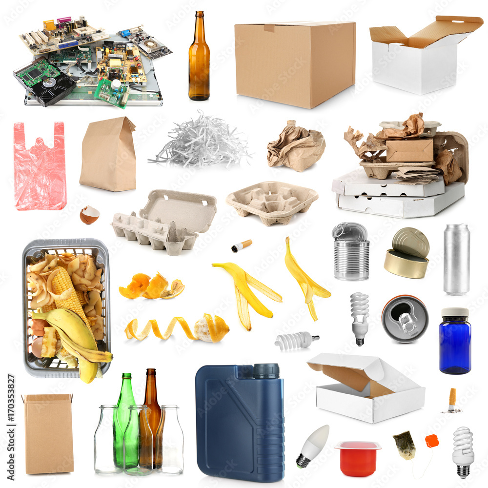 Different kinds of garbage on white background. Concept of recycling ...