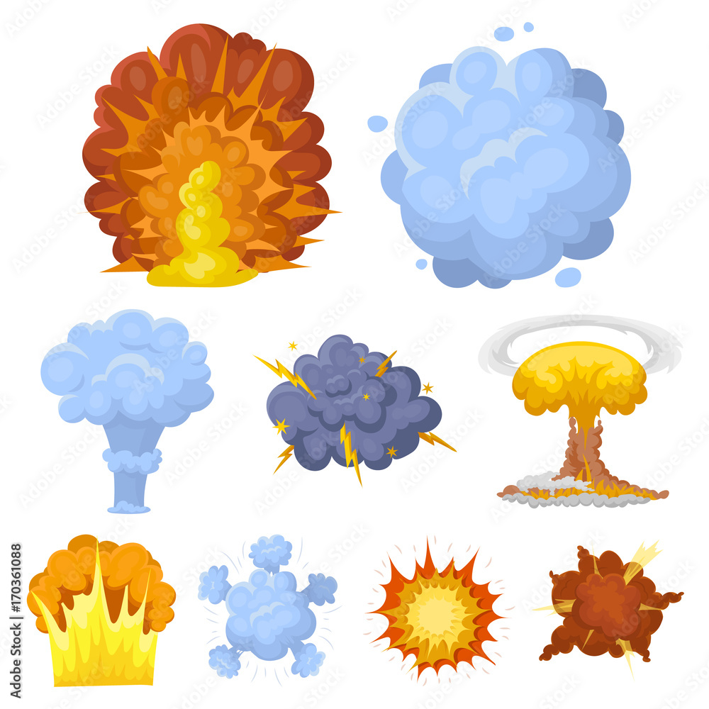 A set of icons about the explosion. Various explosions, a cloud of ...
