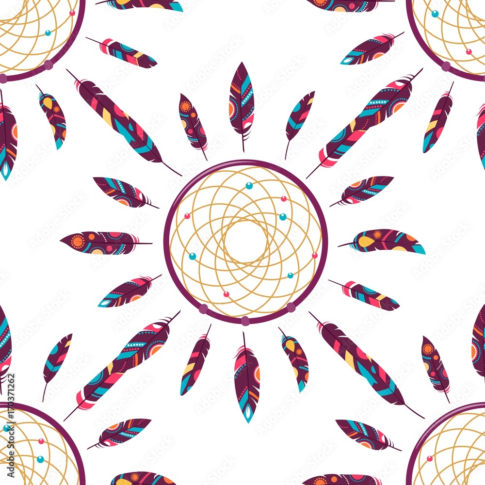 Dreamcatcher seamless pattern of the ornaments of feathers. Native ...
