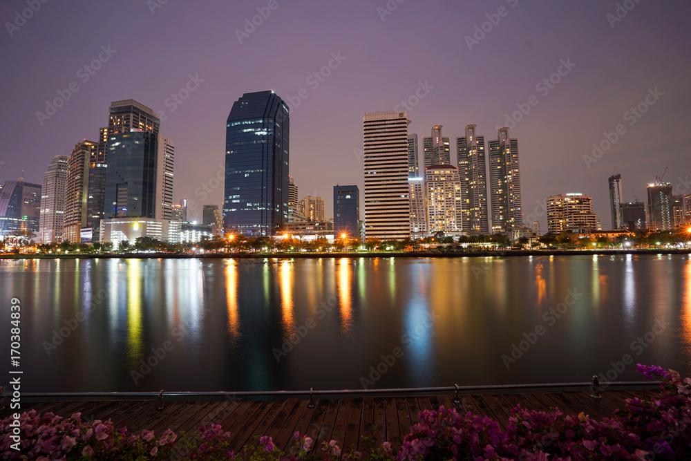 Asoke modern buildings of Bangkok night city skyline, Thailand ...