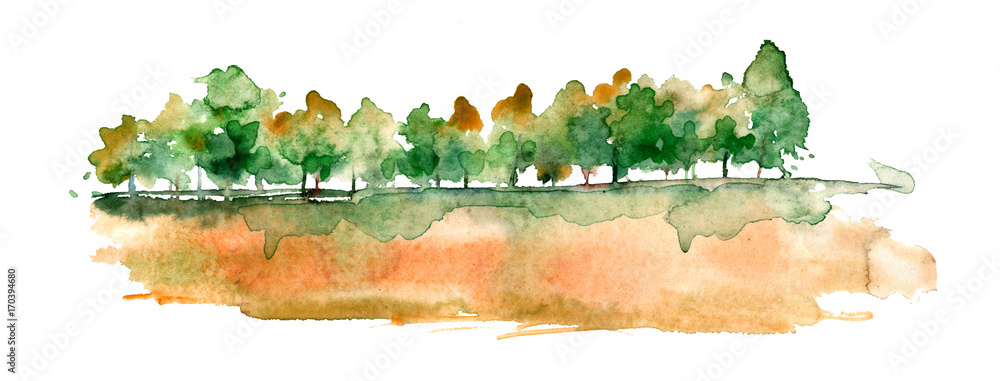 Watercolor autumn forest, silhouette of trees, bushes., Field. Country ...