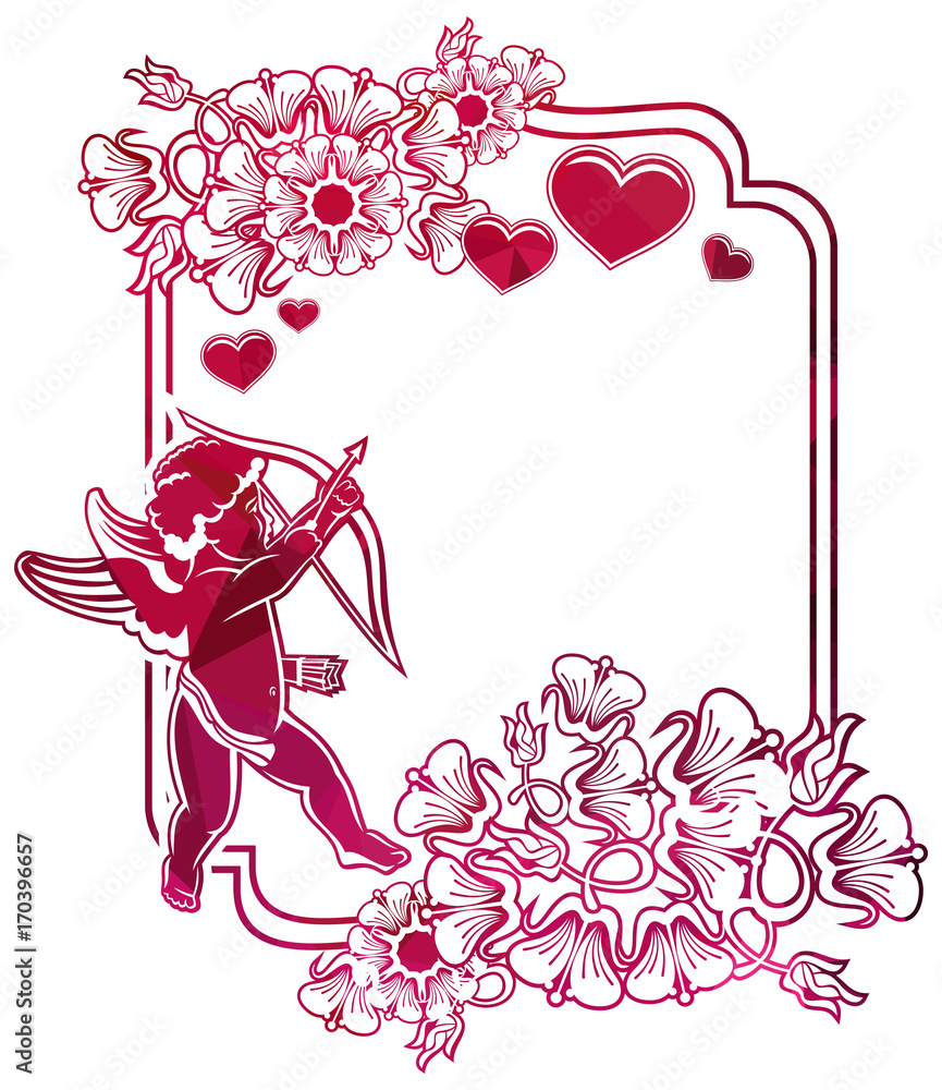 Luxurious red frame with silhouettes of Cupid, hearts and flowers. Copy ...