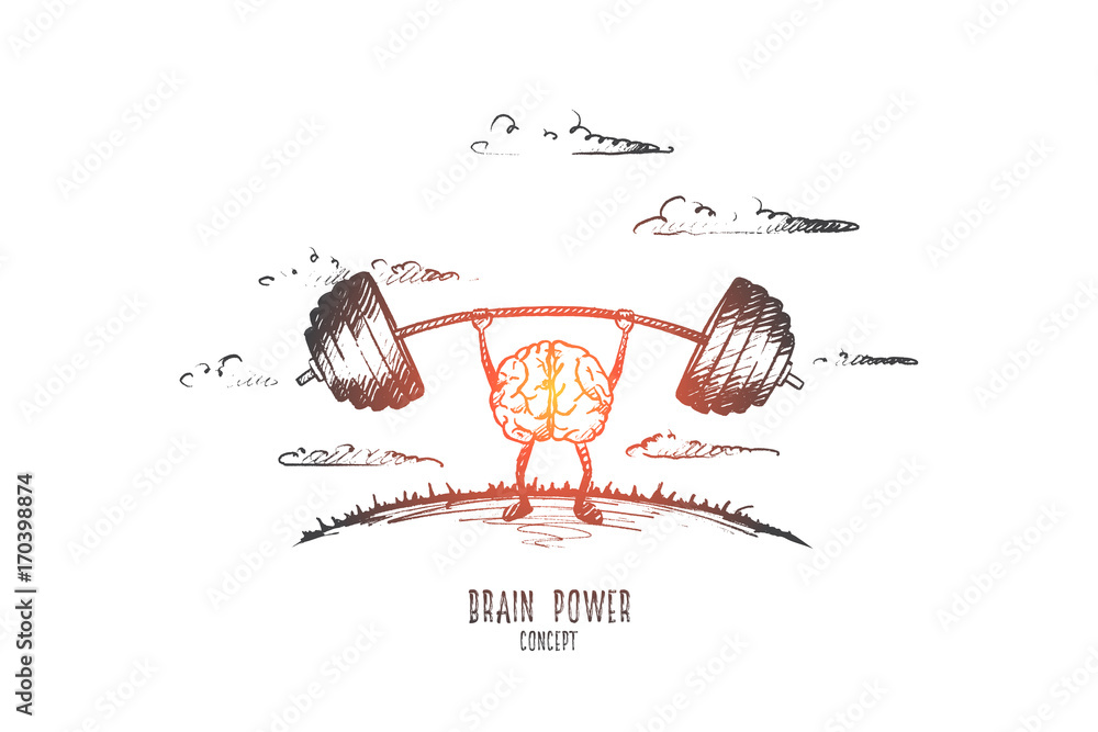 Brain power concept. Hand drawn brain as powerful muscle. Exercise for ...