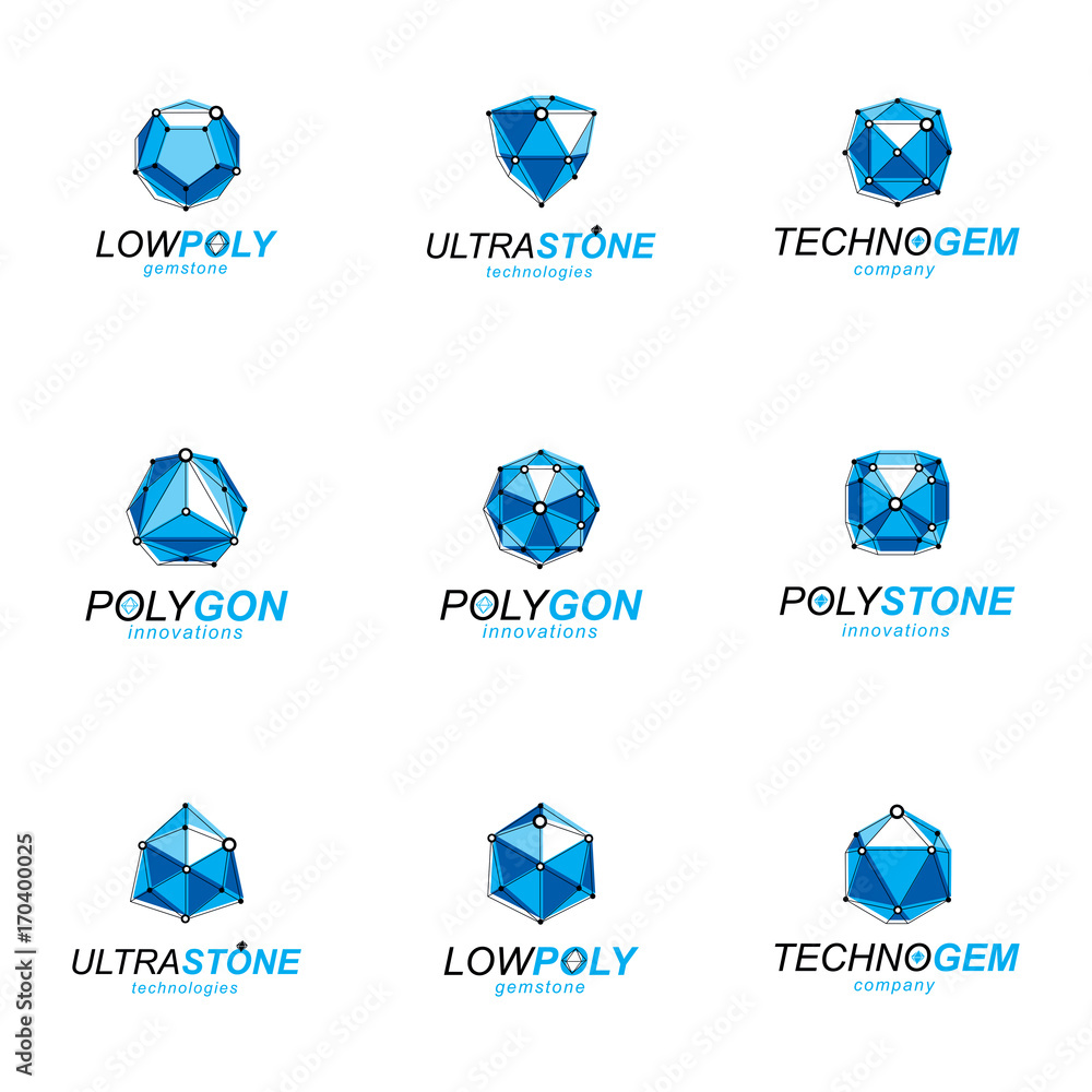 Set of abstract 3d faceted figures with connected lines. Vector low ...