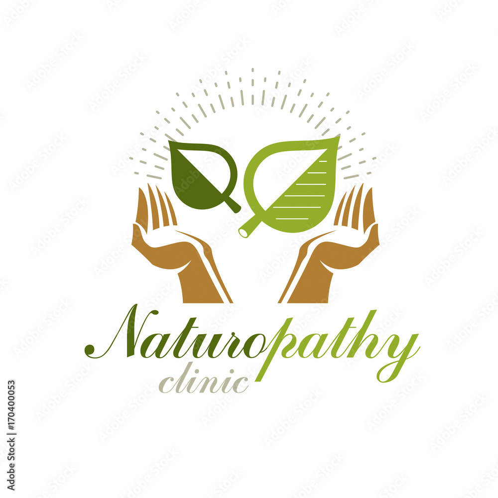 Caring hands holding green spring leaves. Wellness center abstract ...