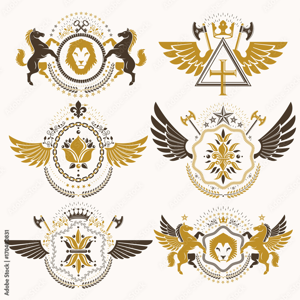 Heraldic Coat of Arms created with vintage vector elements, bird wings ...