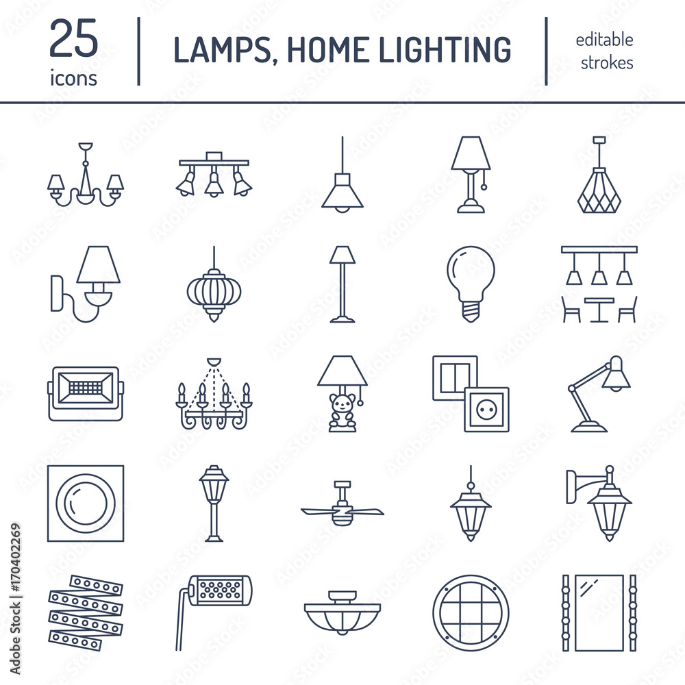 Light fixture, lamps flat line icons. Home and outdoor lighting ...