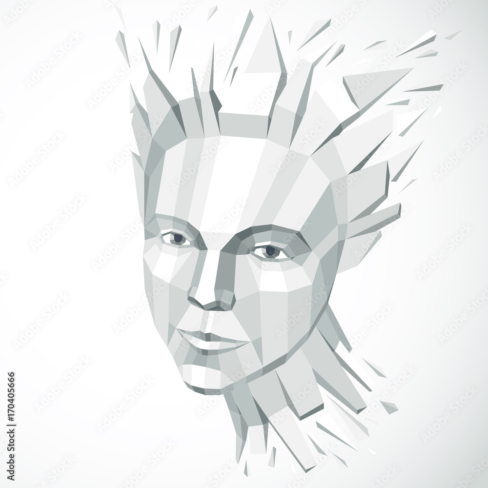 Vector dimensional low poly female portrait, graphic monochrome ...