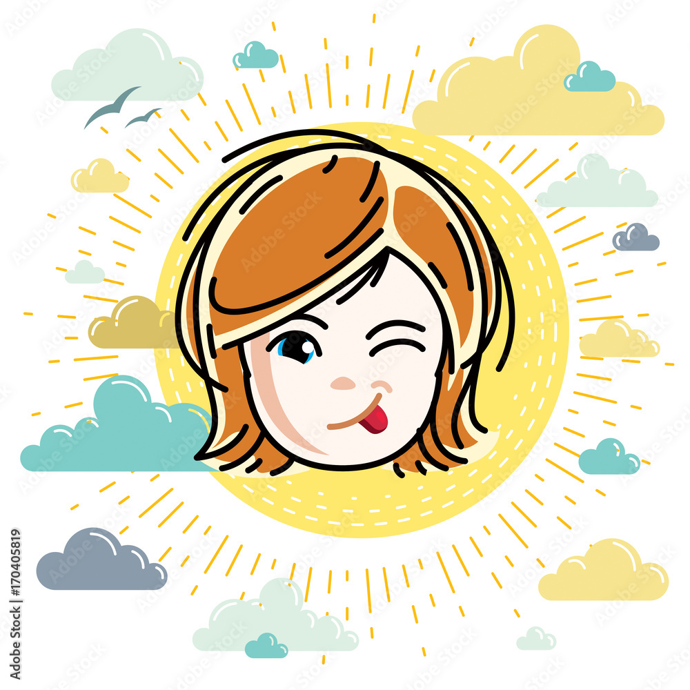 Vector Illustration Of Beautiful Red Haired Happy Girl Face Positive