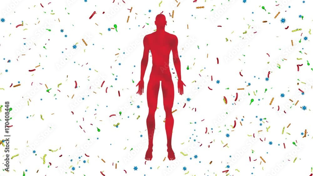 Microbiome bacteria, viruses, microbes surrounding man, male body. 3d ...