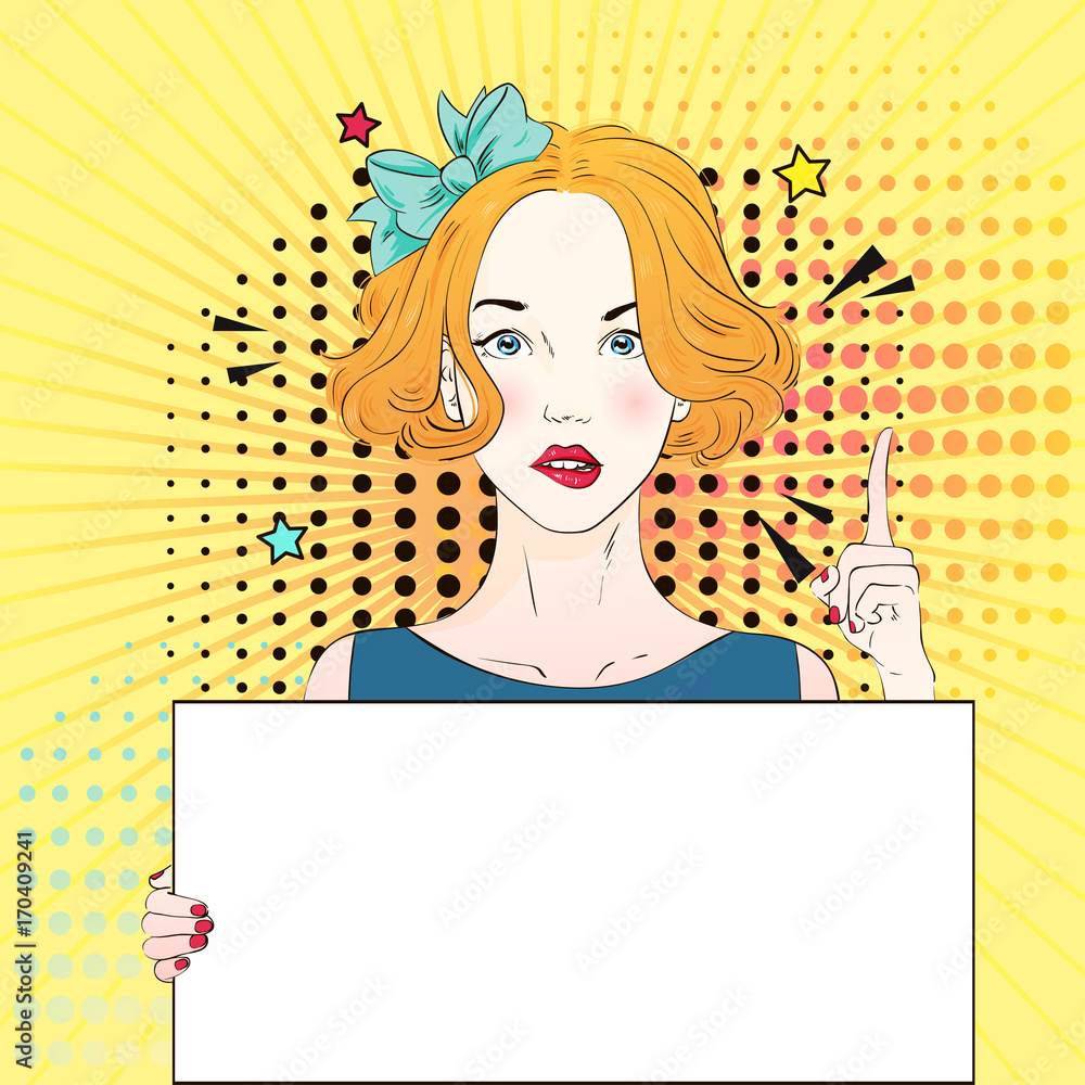 Pop Art Vintage advertising poster comic girl holds a white banner and ...