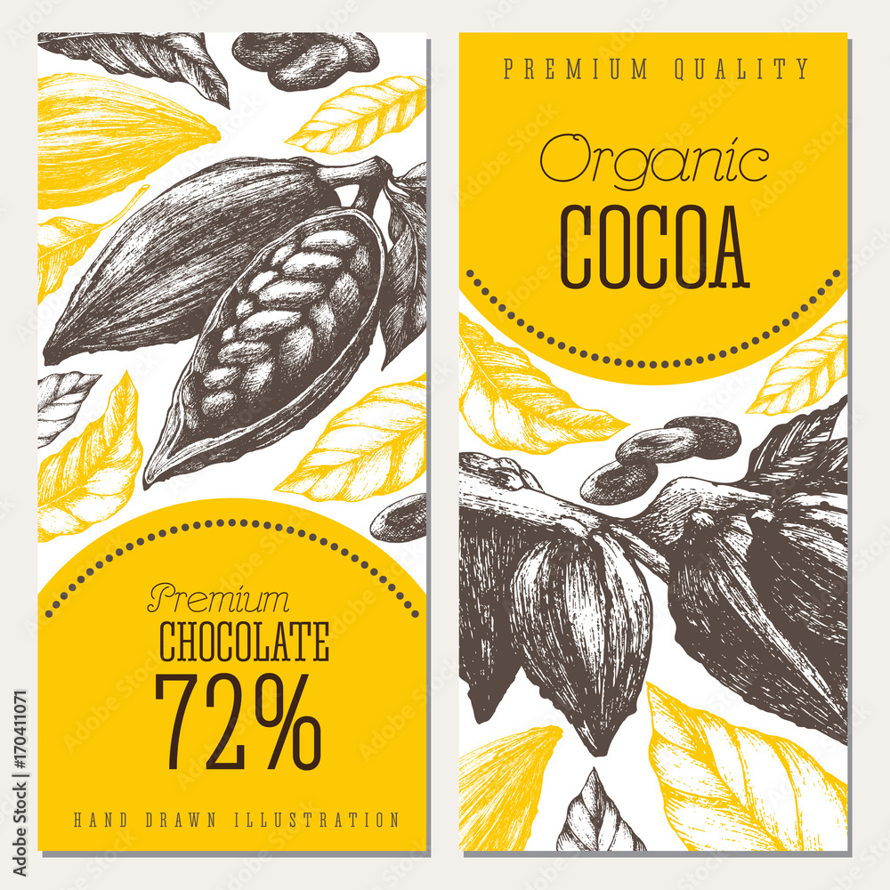 Cocoa bean tree banner collection vector hand drawn artwork. Design ...