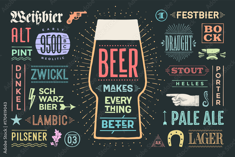 Poster or banner with text Beer Makes Everything Better and names types ...