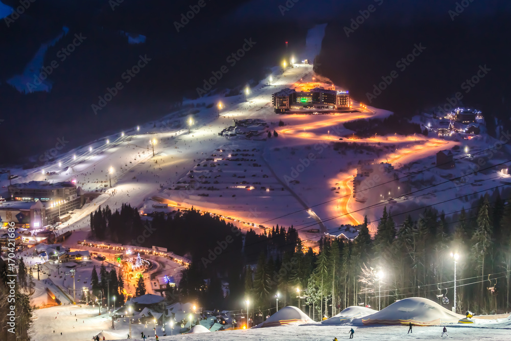 Night mountain landscape, view from the top of the mountain. Ski resort Bukovel, Ukraine Stock ...