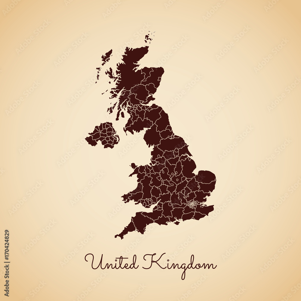 United Kingdom region map: retro style brown outline on old paper ...