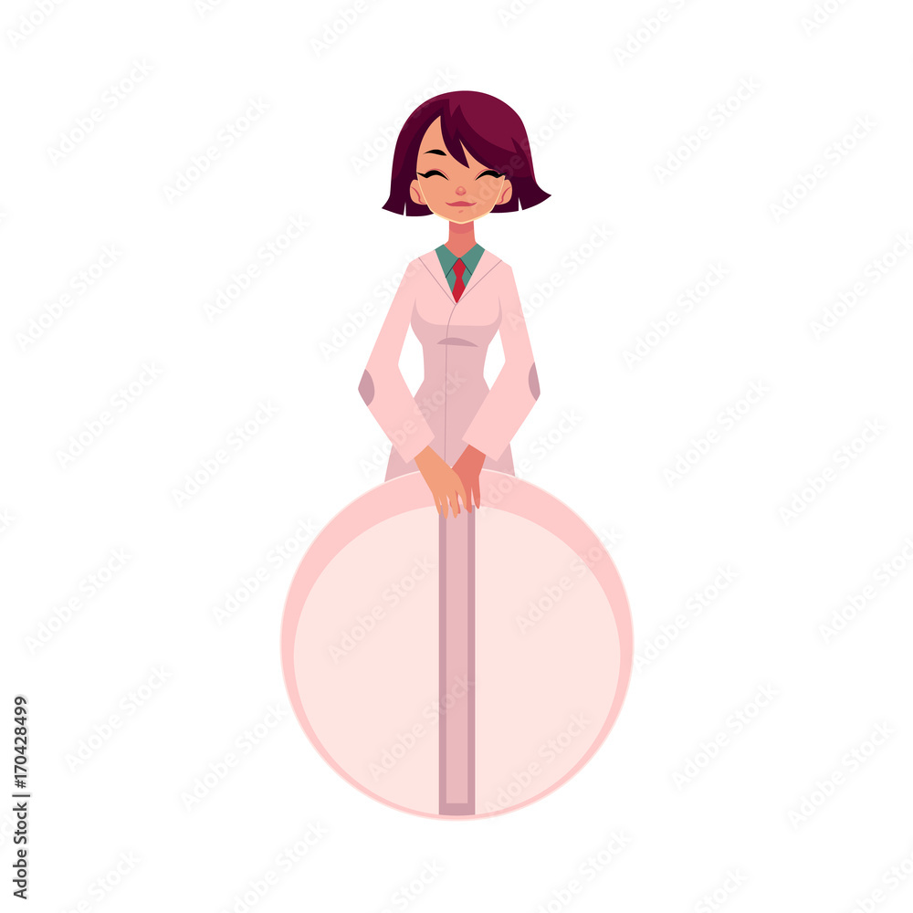 Young woman doctor holding huge, giant round pill, cartoon vector ...