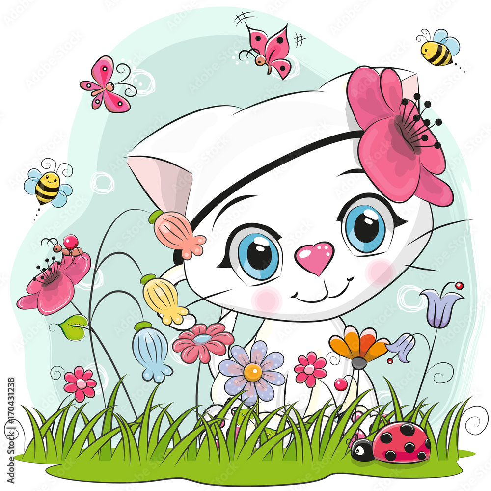 Cute Cartoon Kitten on a meadow Stock Vector | Adobe Stock