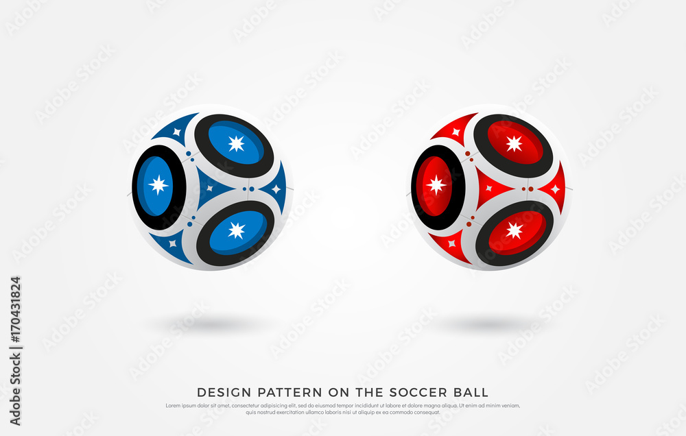 design pattern on the soccer ball. blue, black and red color on the ...